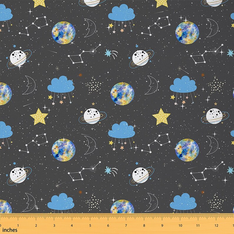 Starry Universe Polyester Fabric by the Yard, Glitter Blue Planets ...