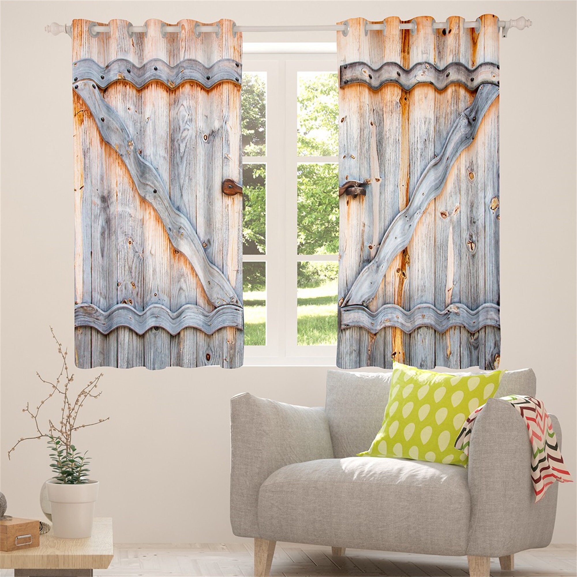 Rustic Farmhouse Window Curtains, Retro Old Wooden Barn Door Curtain Set, Geometric Stripe ...