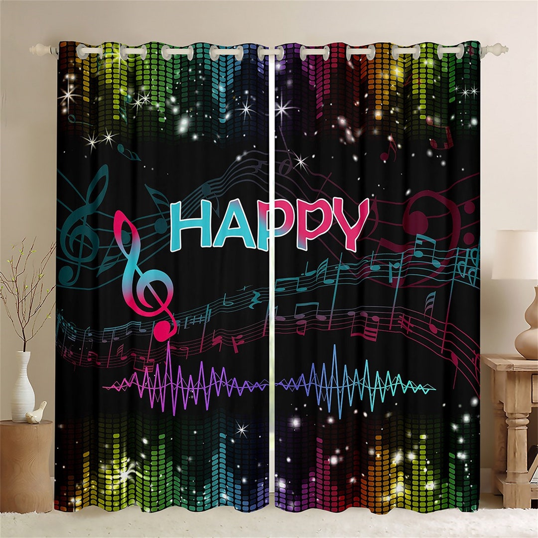 Musical Notes Happy Theme Window Curtain Set, Rainbow Colorful Neon ...