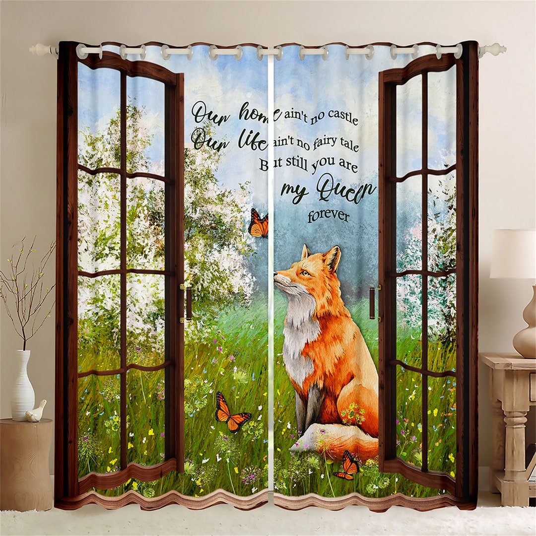 Wild Fox Window Curtain Set, Watercolor Nature Garden Scenery Window ...