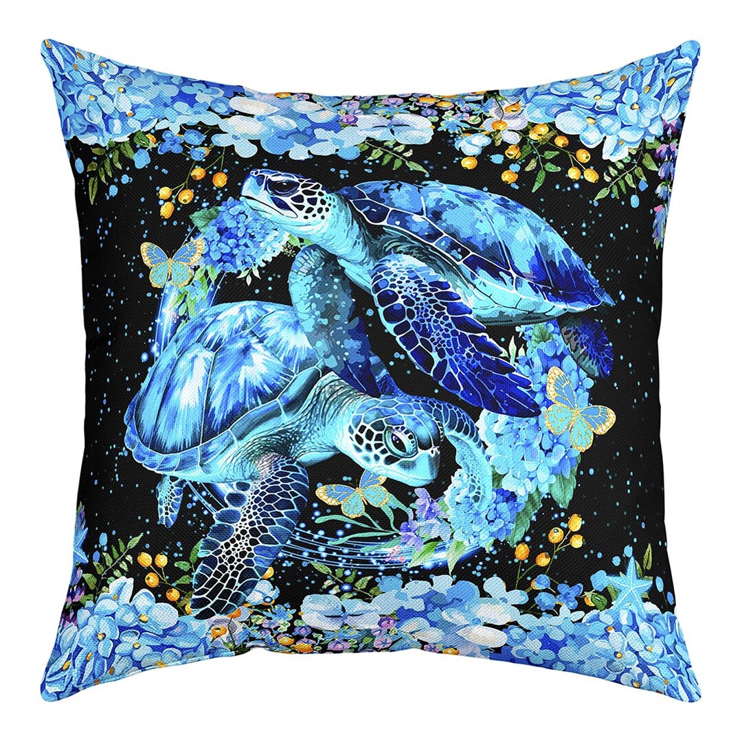 Sea Turtle Pillow Cover for Sofa Bed, Watercolor Blue Flower Artistic ...