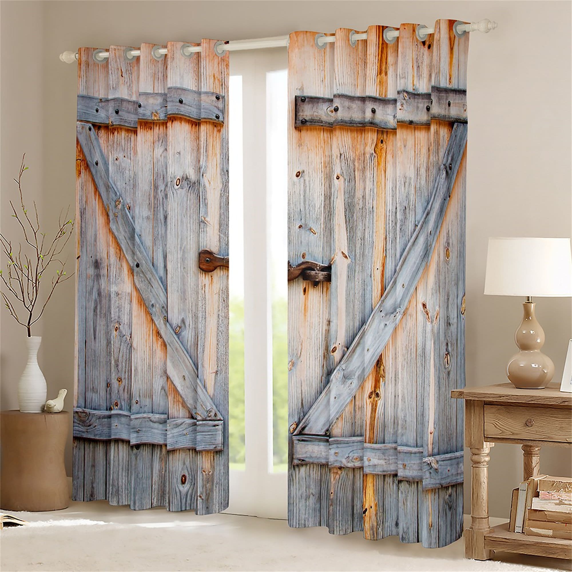 Rustic Farmhouse Window Curtains, Retro Old Wooden Barn Door Curtain Set, Geometric Stripe ...