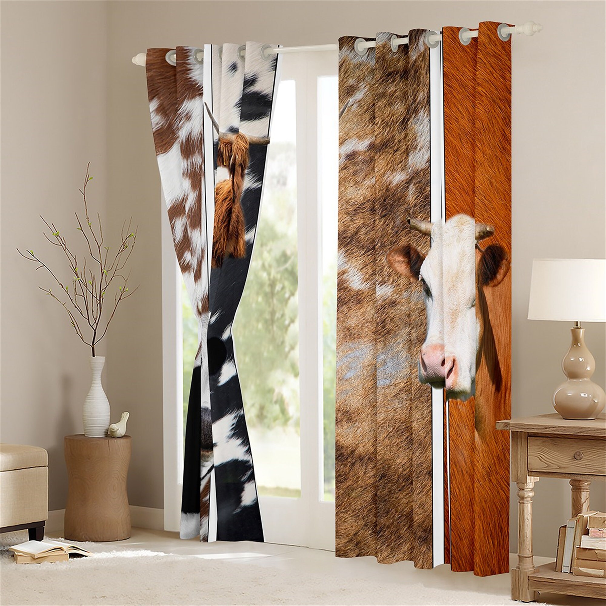 Highland Cattle Cow Window Curtains, Black White Brown Cowhide Print ...