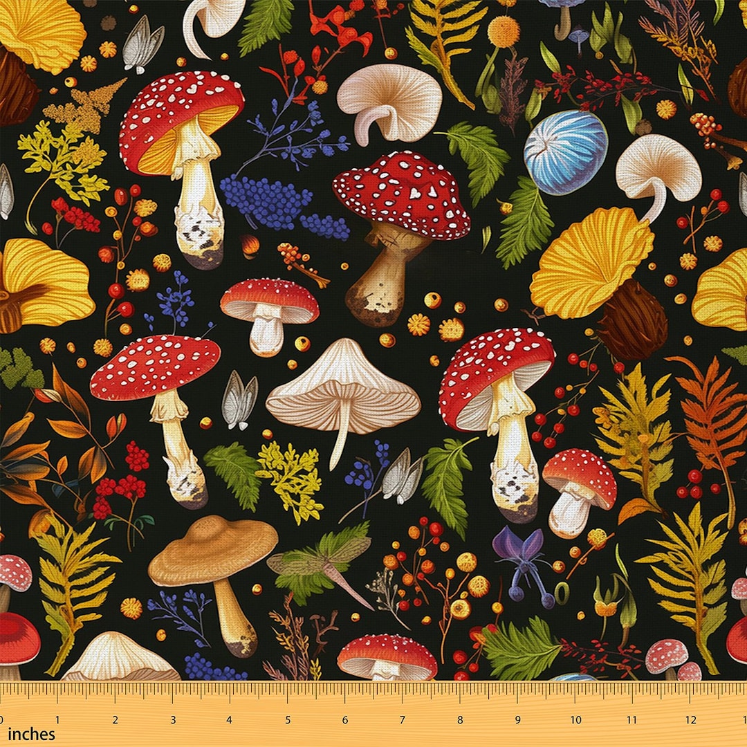 Rustic Mushroom Fabric by the Yard, Colorful Nature Botanical Fabric ...