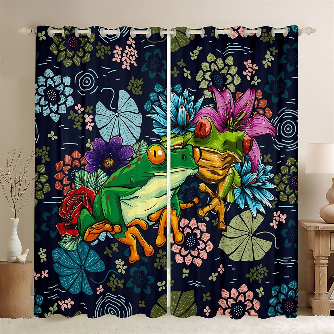 Cartoon Frog Window Drapes, Watercolor Lotus Flowers Rustic Style ...