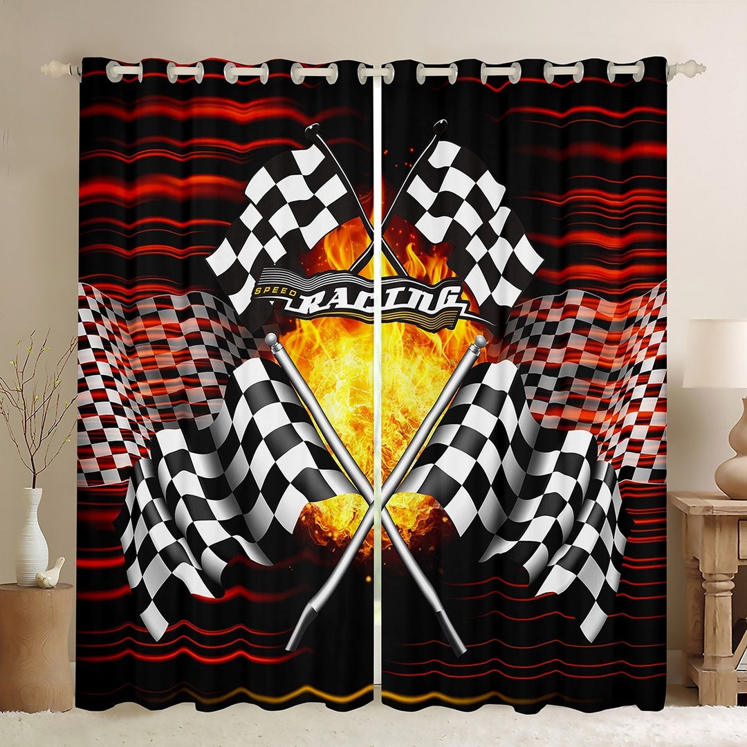 Blue Racing Car Window Curtains, Extreme Sports Competition Checker ...