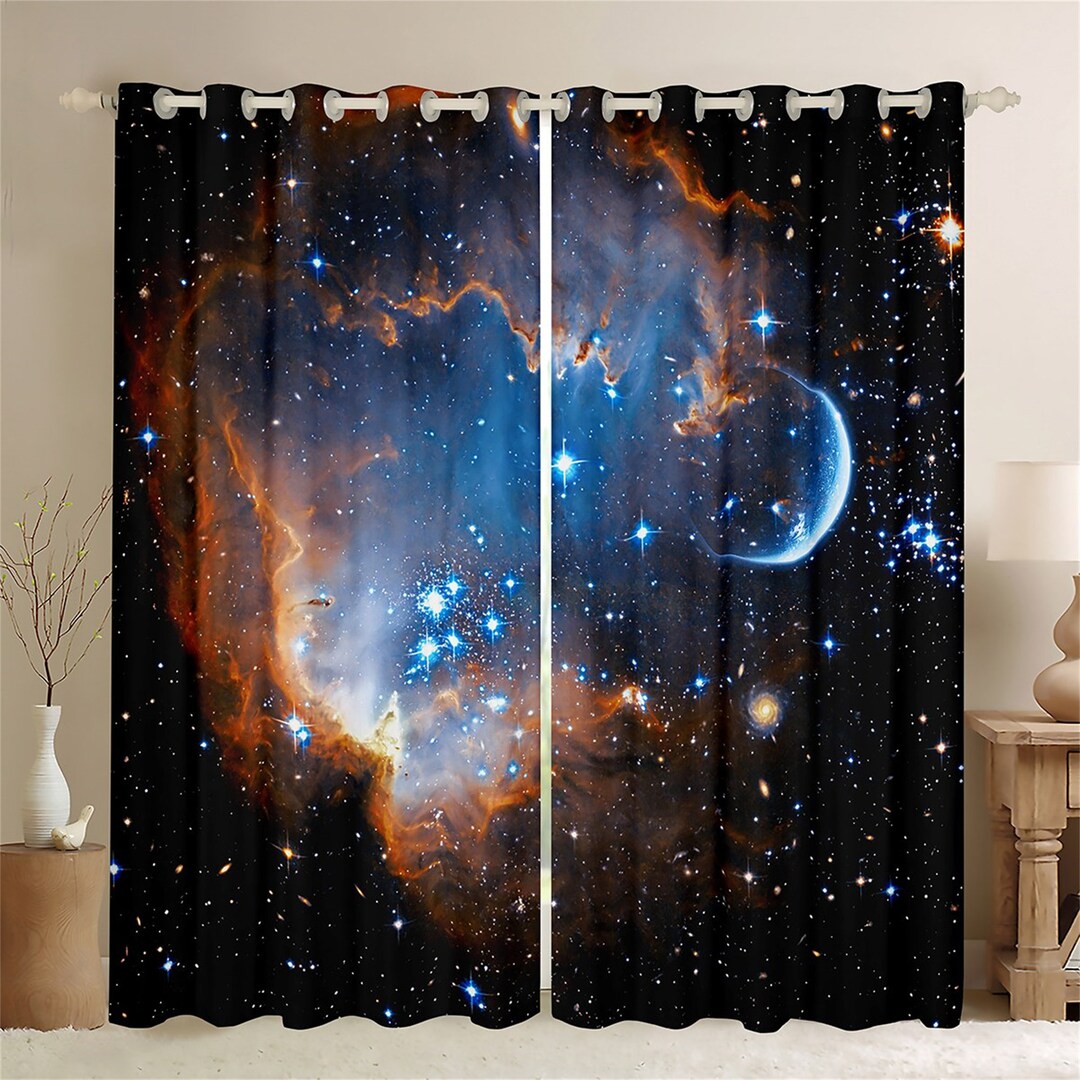 Starry Galaxy Window Curtain Set, Universe Stars Moon Fantasy Curtains ...