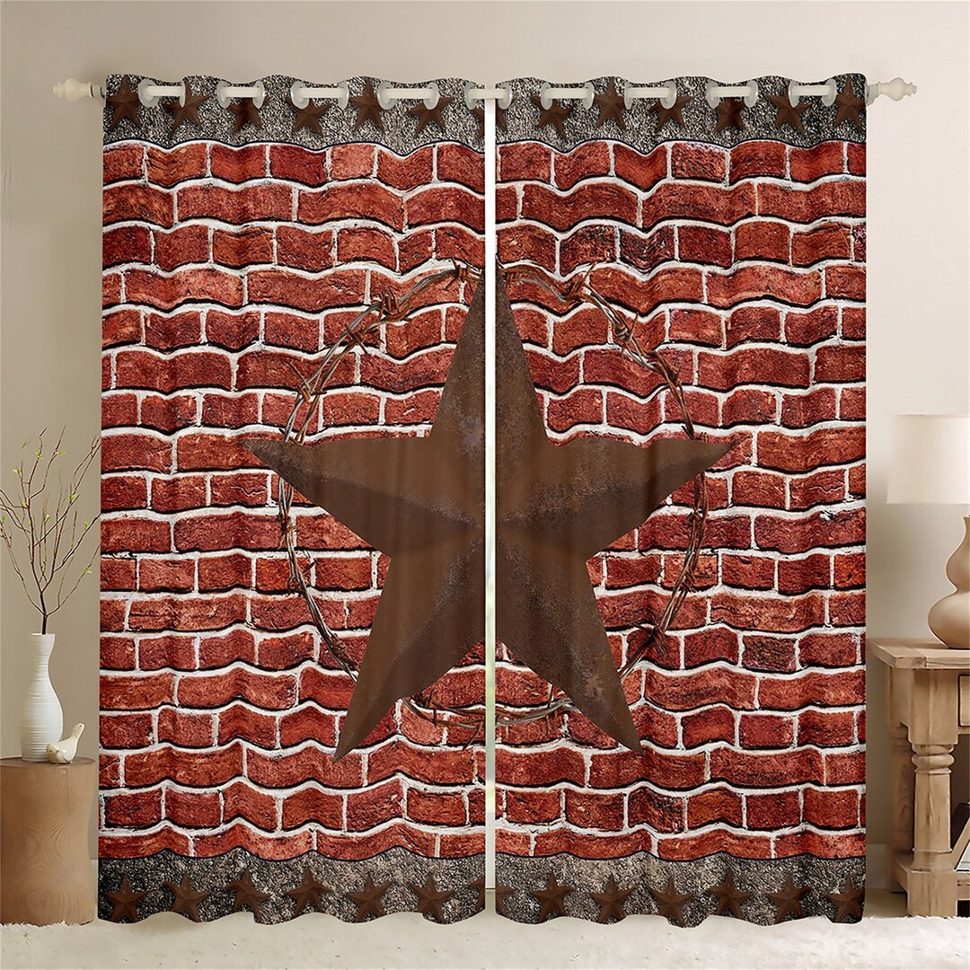 Texas Star Window Curtain Set, Retro Brown Brick Wall Window Drapes ...