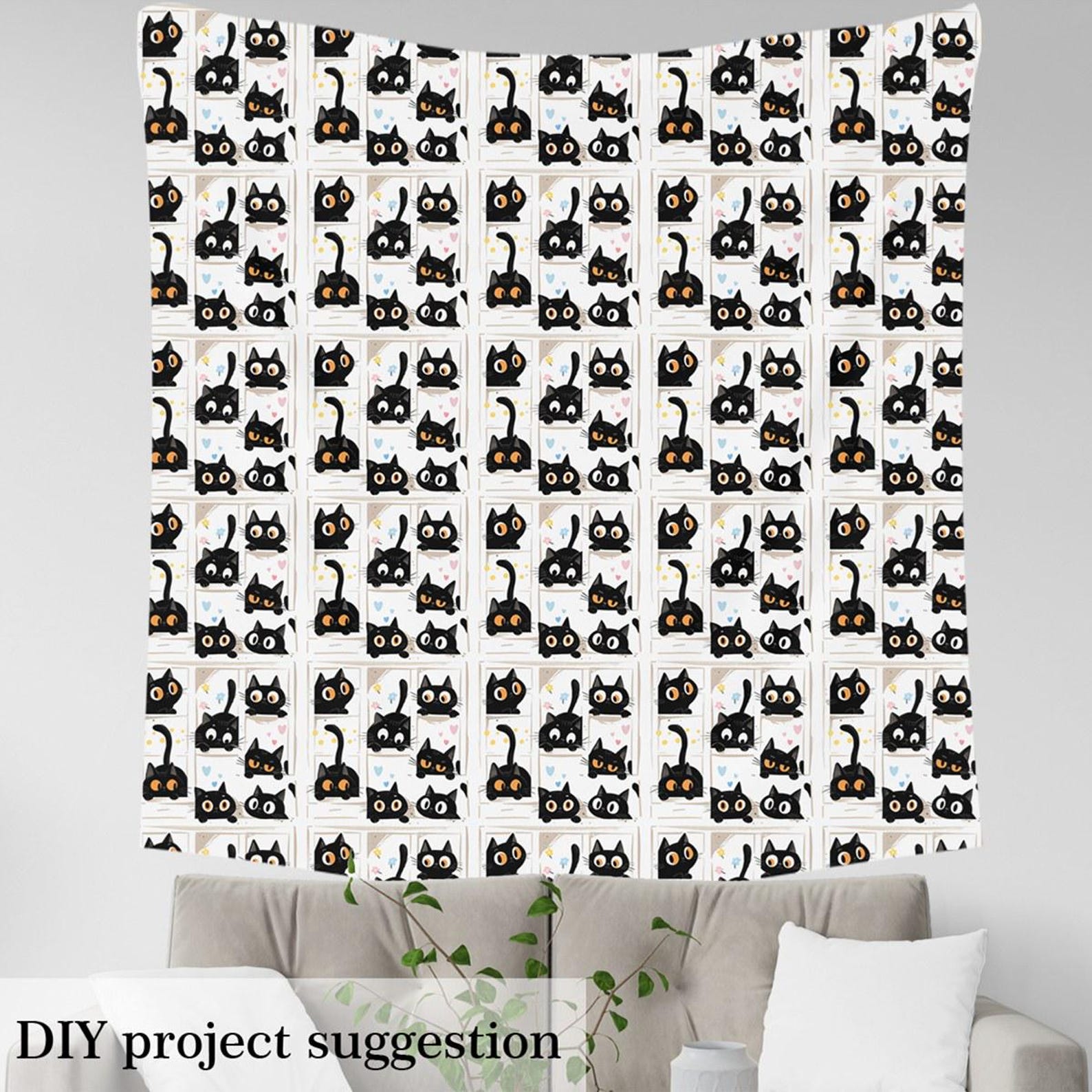 Cartoon Black Cats Polyester Fabric by the Yard, Lovely Pet Animal ...