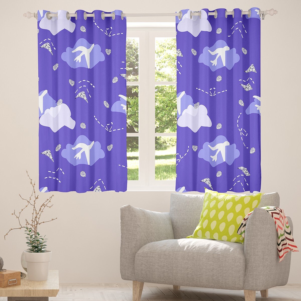Cartoon Plane Window Curtains, Aviation Airplane Dreamy Purple Window ...