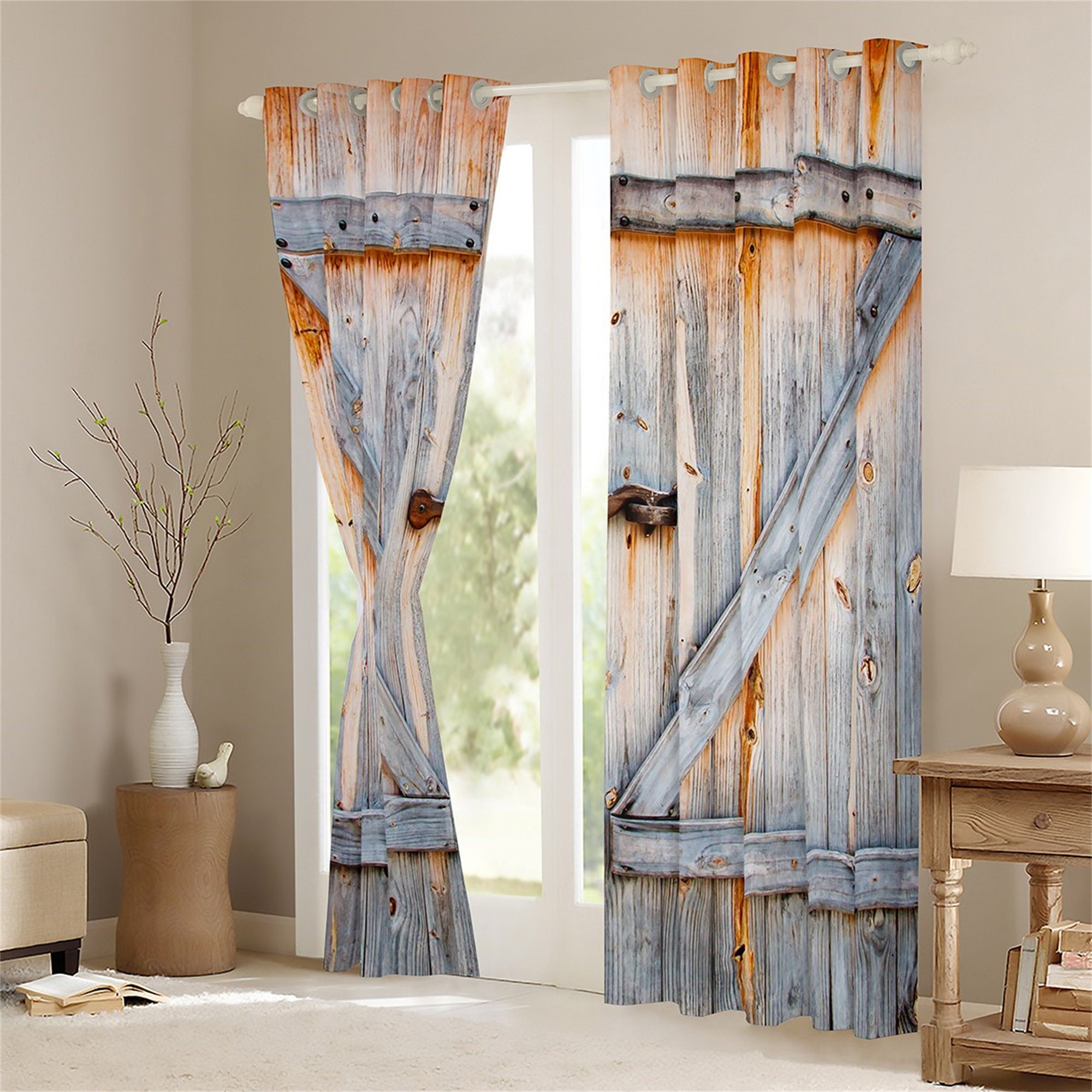Rustic Farmhouse Window Curtains, Retro Old Wooden Barn Door Curtain Set, Geometric Stripe ...