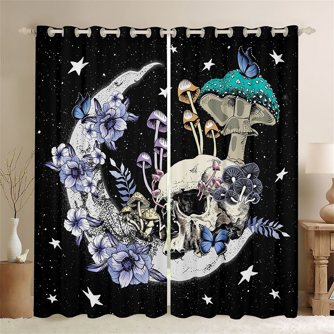 Gothic Skull Mystic Mushroom Window Curtain Set, Floral Moon Butterfly ...