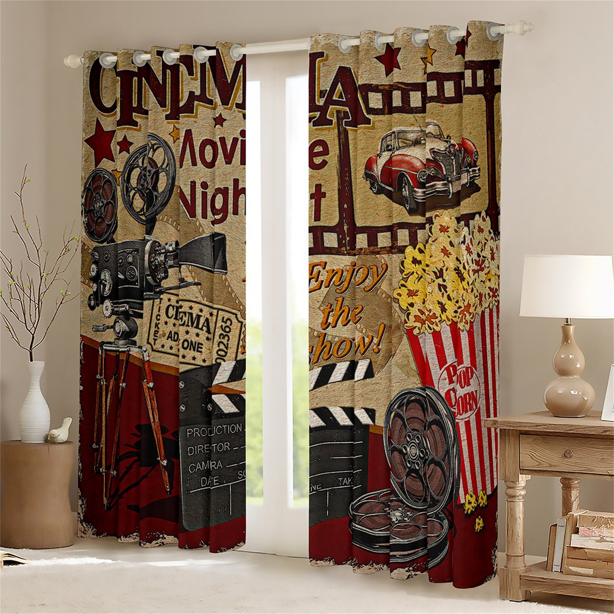 Cinema Movie Night Window Curtain Set, Filmstrip Popcorn Camera Popcorn ...