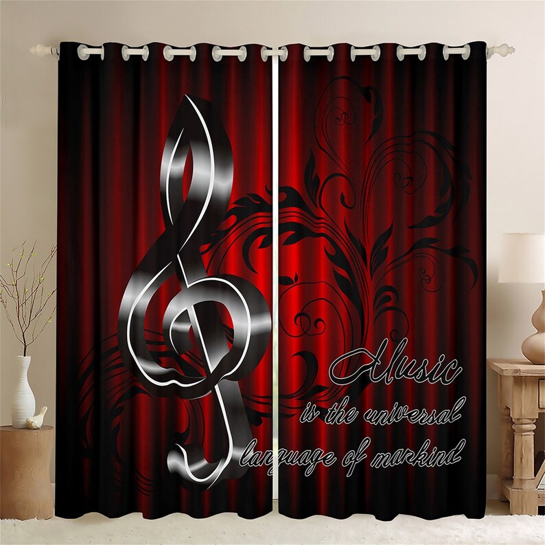 Musical Note Music Theme Window Curtain Set, Modern Black Red Ombre ...
