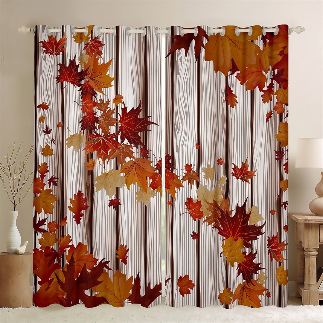 Fall Maple Leaves Window Drapes, Rustic Brown Wooden Barn Door Window ...
