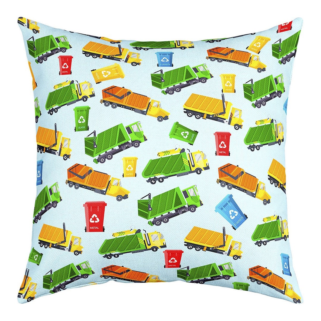 Cartoon Garbage Trucks Pillow Cover, Environmental Vehicles Rubbish Bin ...