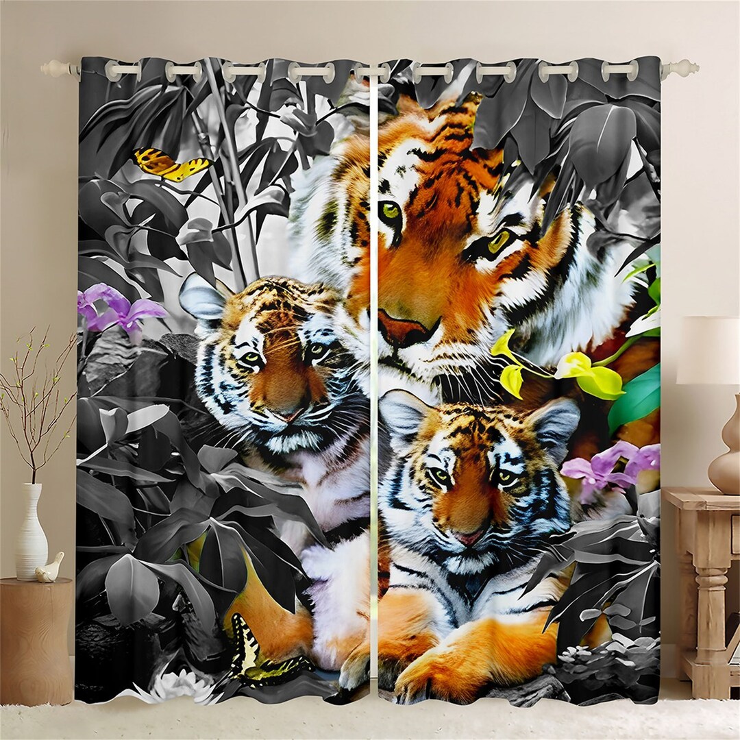 Wild Tiger Window Curtain Set, Watercolor Tropical African Wildlife ...