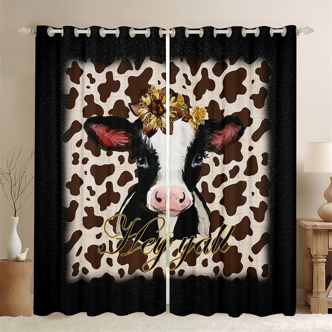 Milk Cow Window Curtain Set, Cute Farm Animal Cartoon Cowhide Print ...