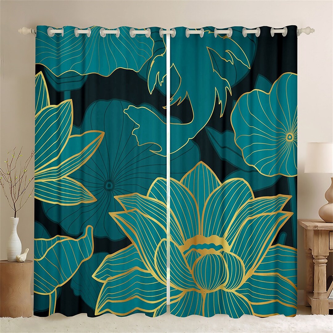 Lotus Window Curtain Set, Rustic Flowers Leaves Curtains, Garden Pond ...