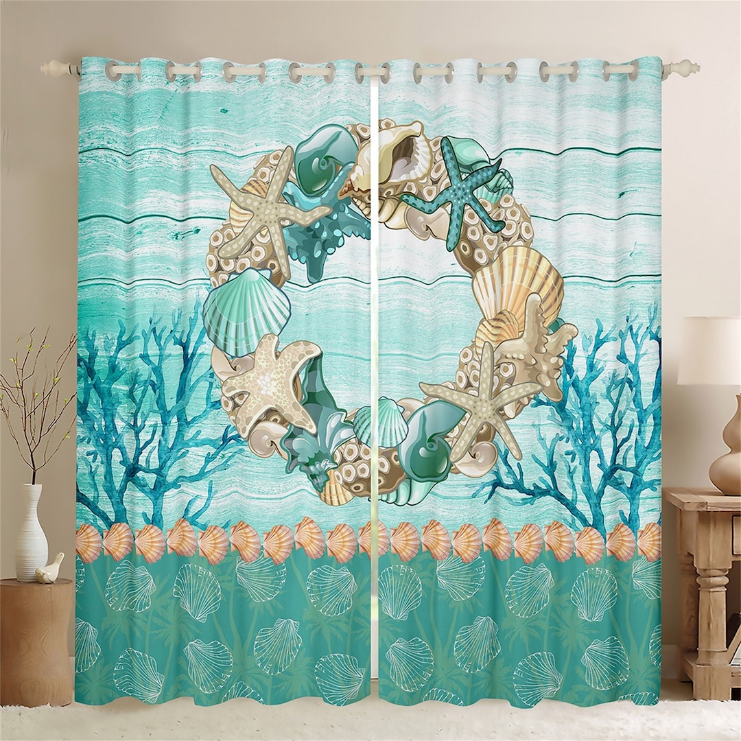 Ocean Marine Life Handmade Window Curtains, Watercolor Undersea Coral ...