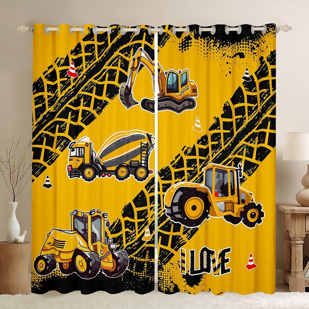 Construction Vehicles Window Curtain Set, Working Site Excavator Truck ...