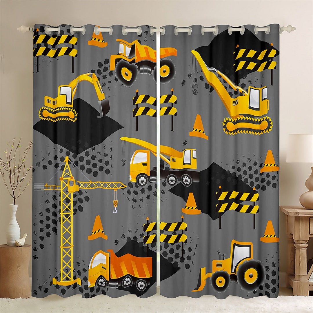Construction Vehicles Window Curtain Set, Cartoon Yellow Excavator ...