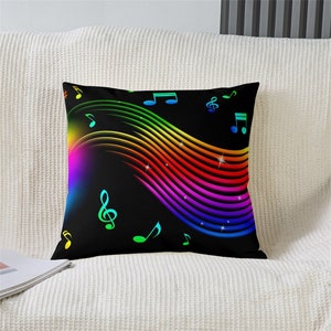 Music Theme Pillow Cover for Bed Sofa, Rainbow Musical Notes Pillow ...