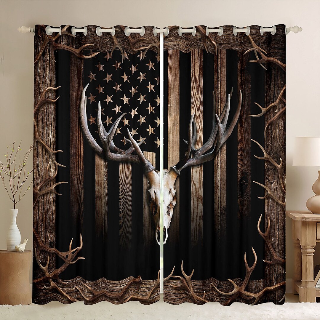 Goat Skull Window Curtains, Jungle Animal Antler Brown/black Window ...