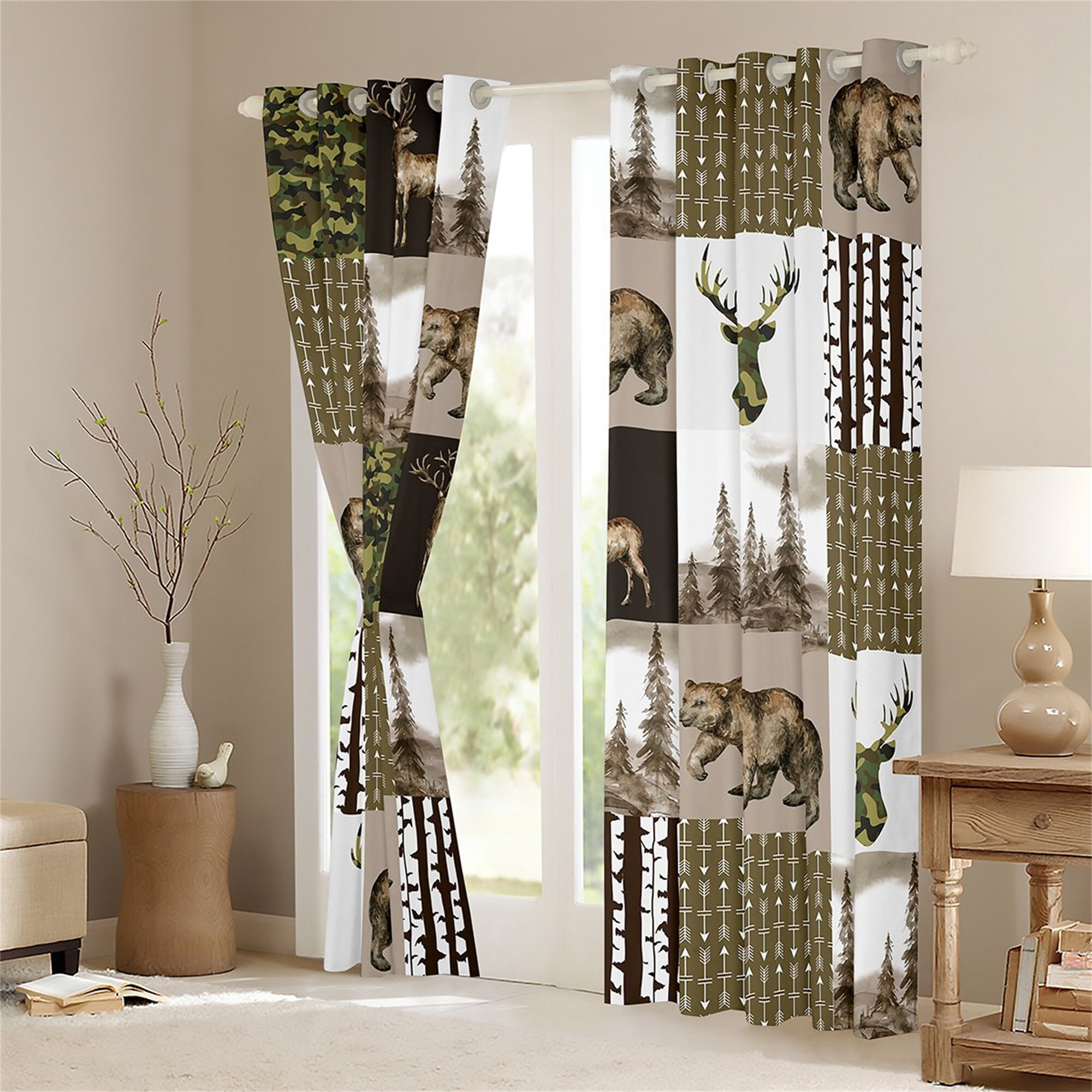 Rustic Deer Antler Silhouette Window Curtains Wild Bear Pine - Etsy