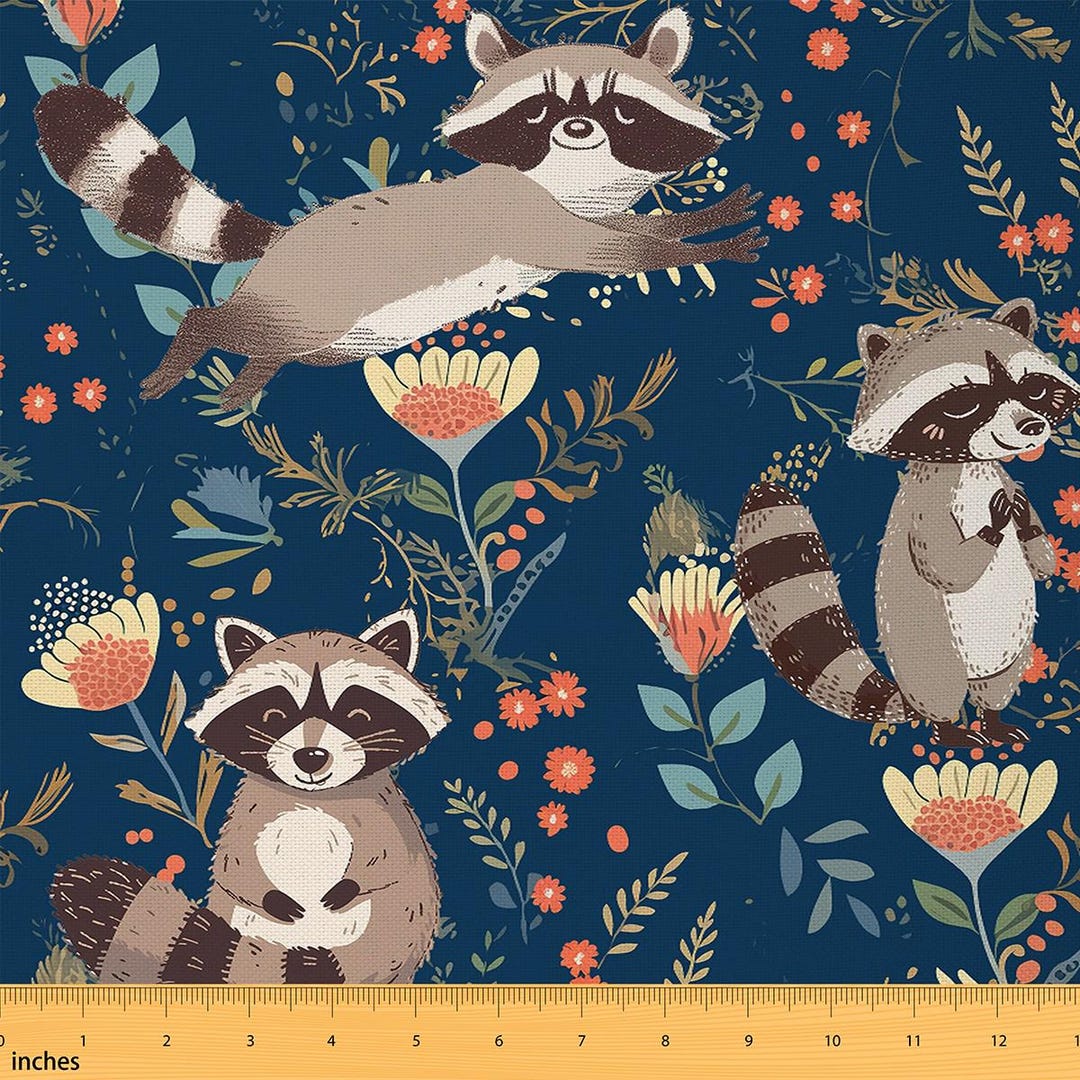Cartoon Raccoon Fabric by the Yard, Rustic Groovy Flowers Natural ...