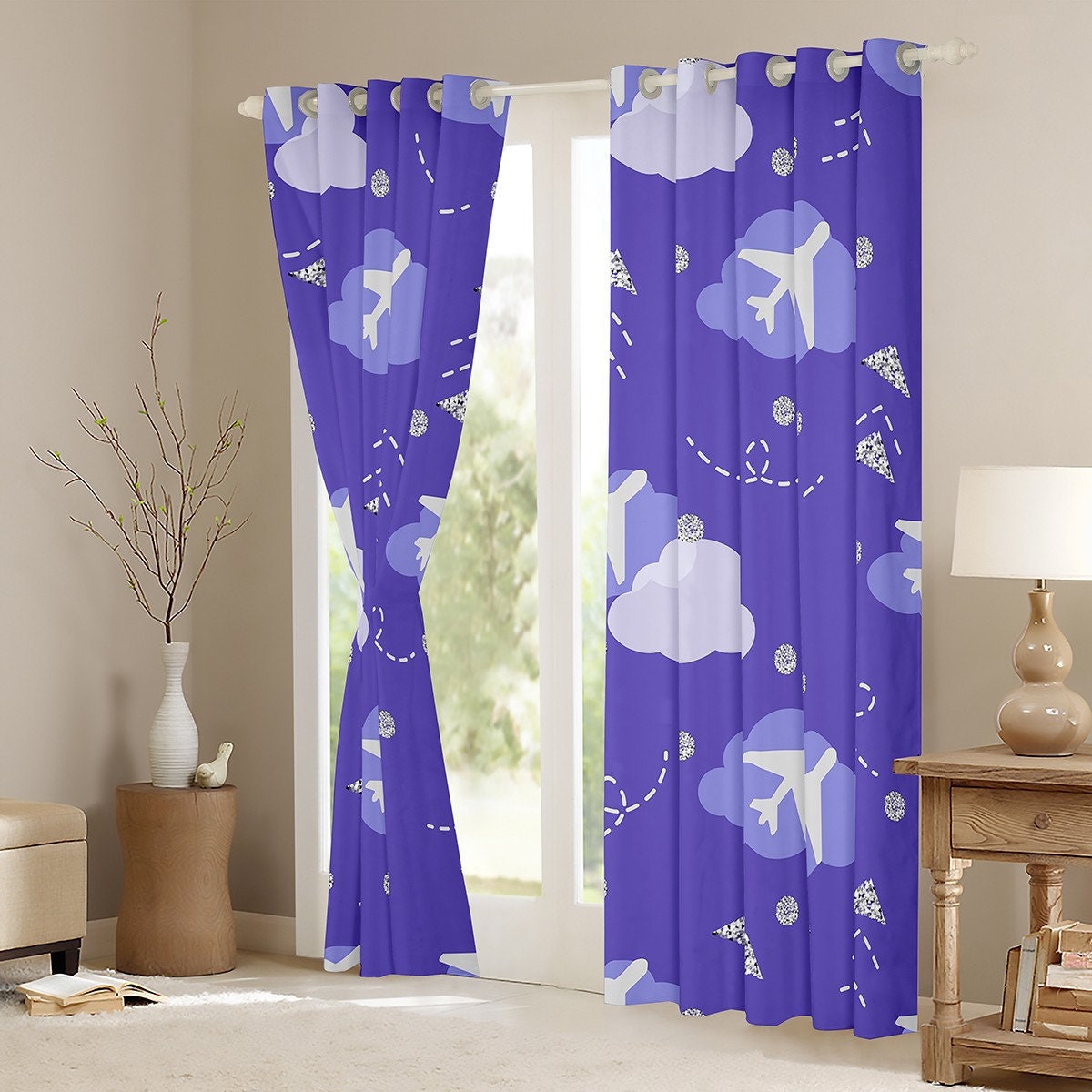 Cartoon Plane Window Curtains, Aviation Airplane Dreamy Purple Window ...
