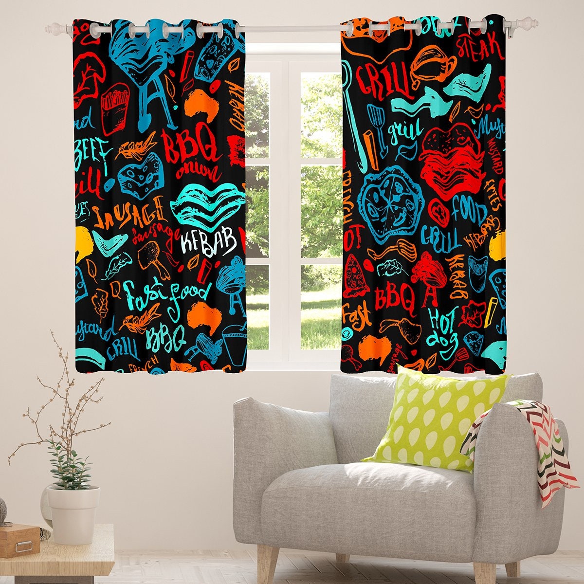 Barbecue Grill Window Curtains BBQ Party Red Blue Teal Hippie - Etsy