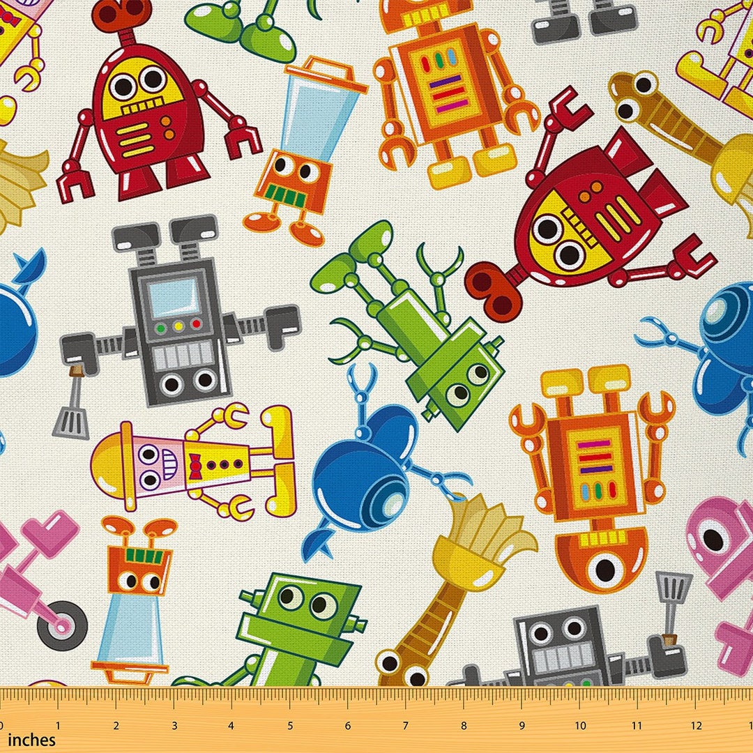 Cartoon Robots Fabric by the Yard, Colorful Artificial Intelligence ...