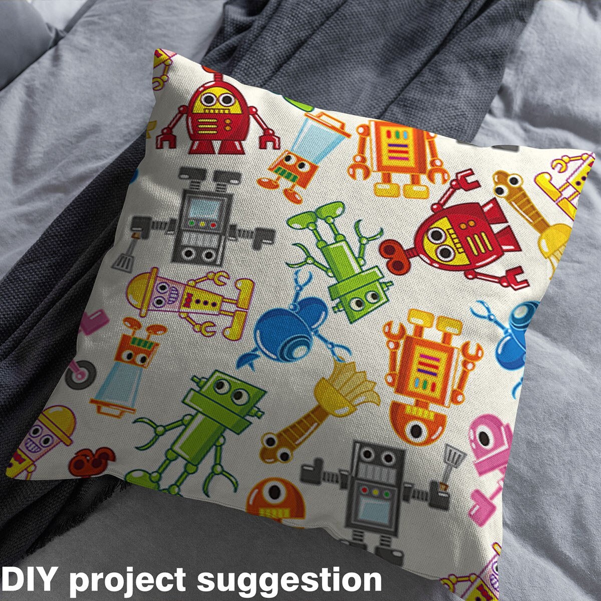 Cartoon Robots Fabric by the Yard, Colorful Artificial Intelligence ...