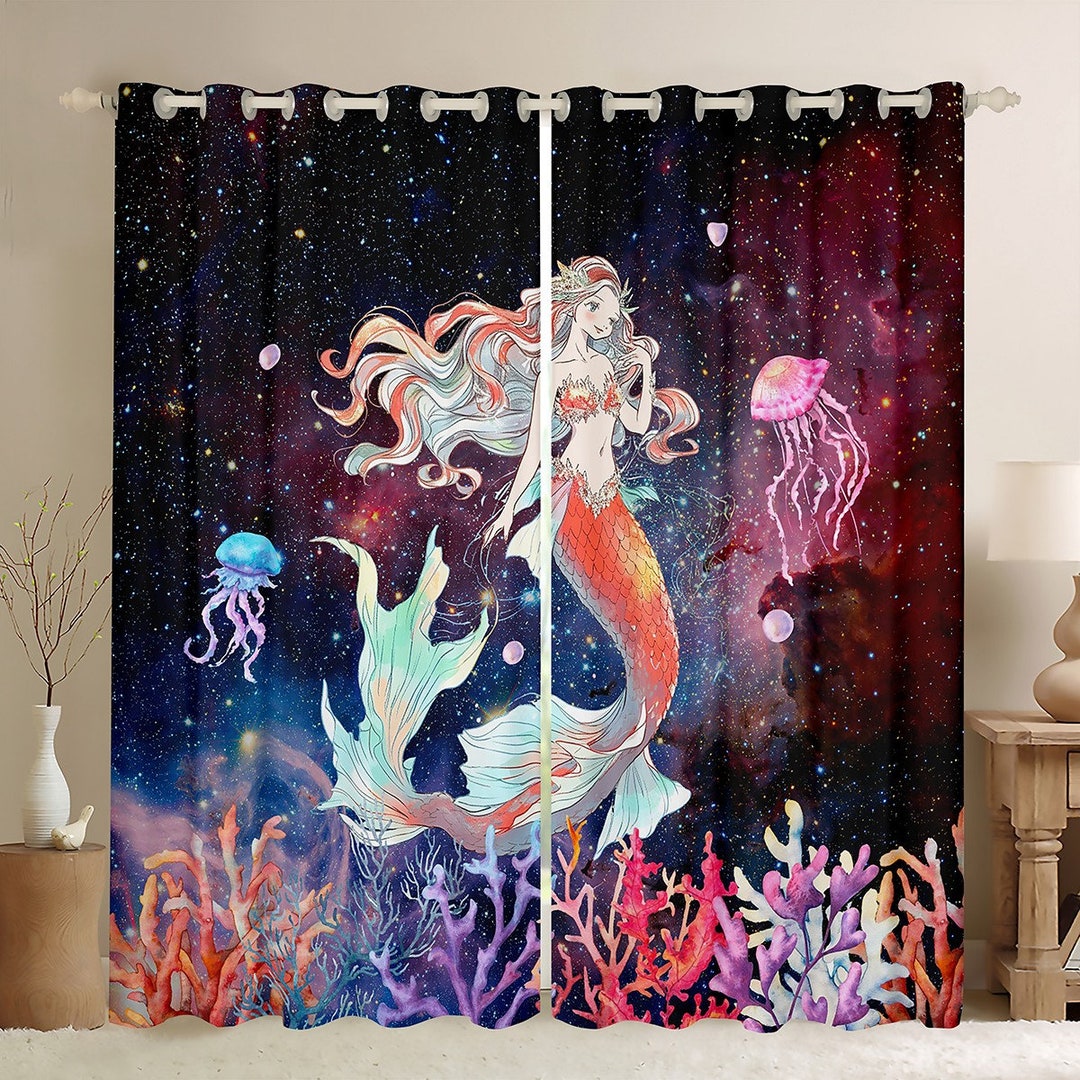 Mermaid Window Curtain Set, Fantasy Ocean Animal Undersea Coral ...