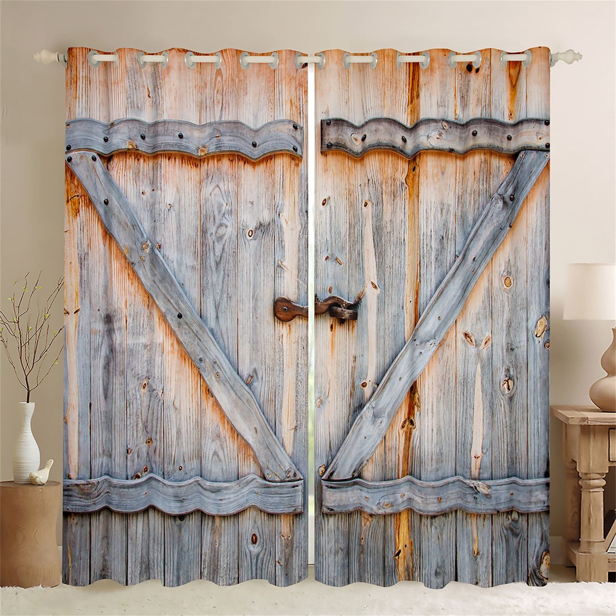 Rustic Farmhouse Window Curtains, Retro Old Wooden Barn Door Curtain Set, Geometric Stripe ...