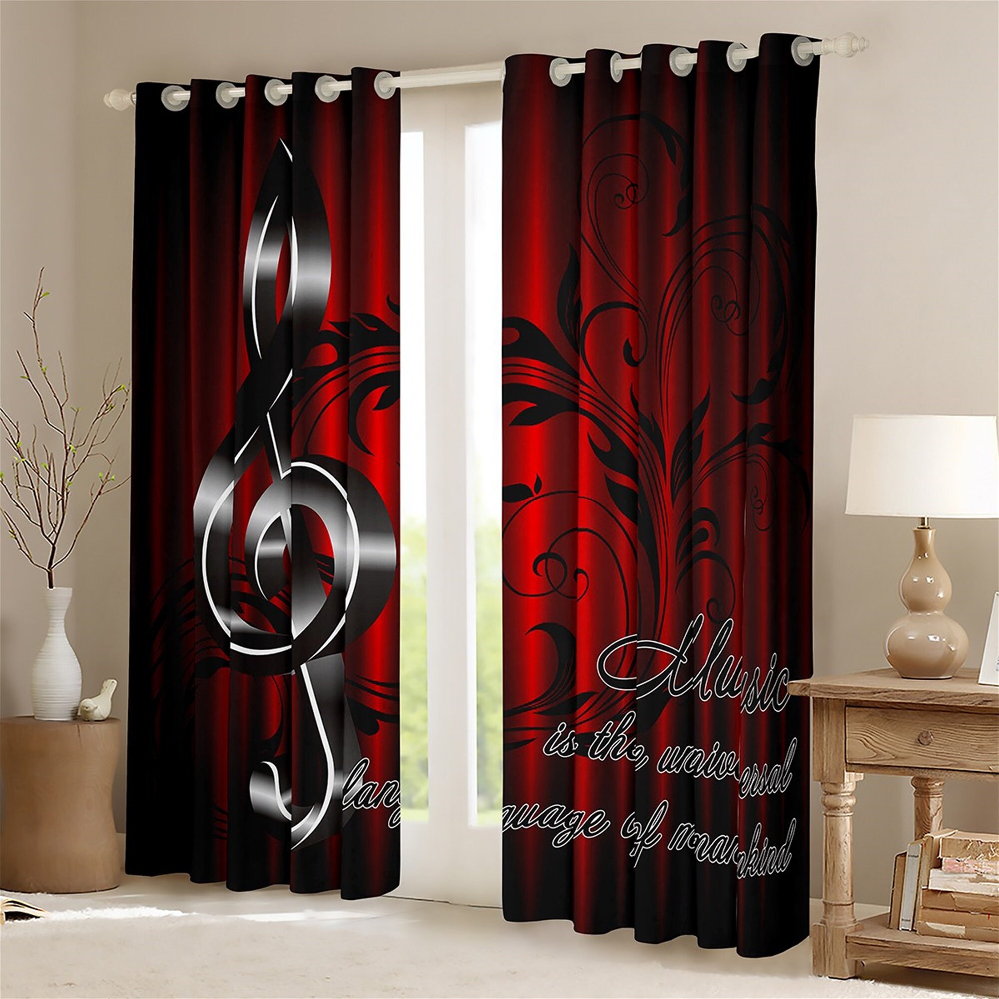 Musical Note Music Theme Window Curtain Set, Modern Black Red Ombre ...