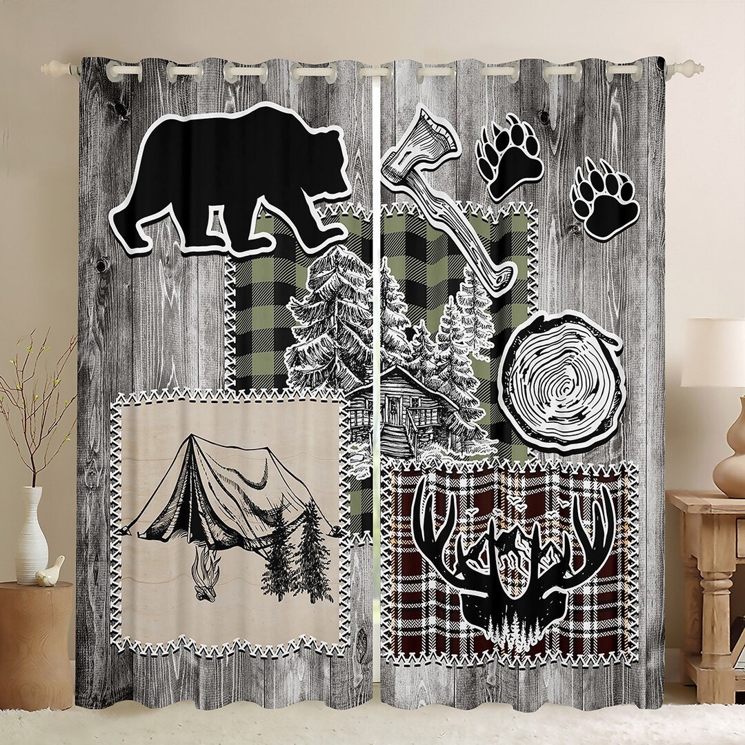 Wild Animal Window Curtains, Jungle Tree Animal Bear Deer Antler ...