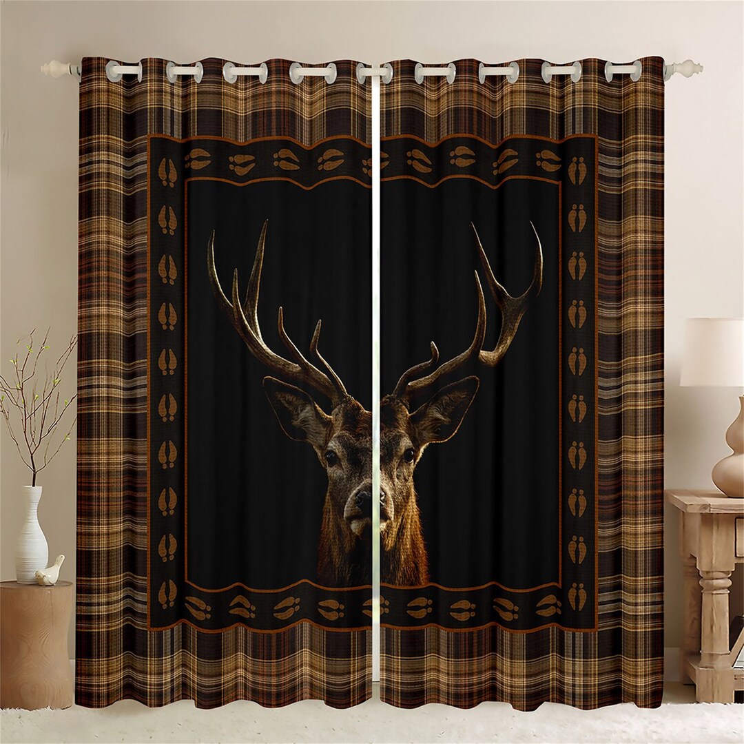 Deer Antler Window Drapes, Wild Jungle Animal Rustic Curtain Set, Retro ...