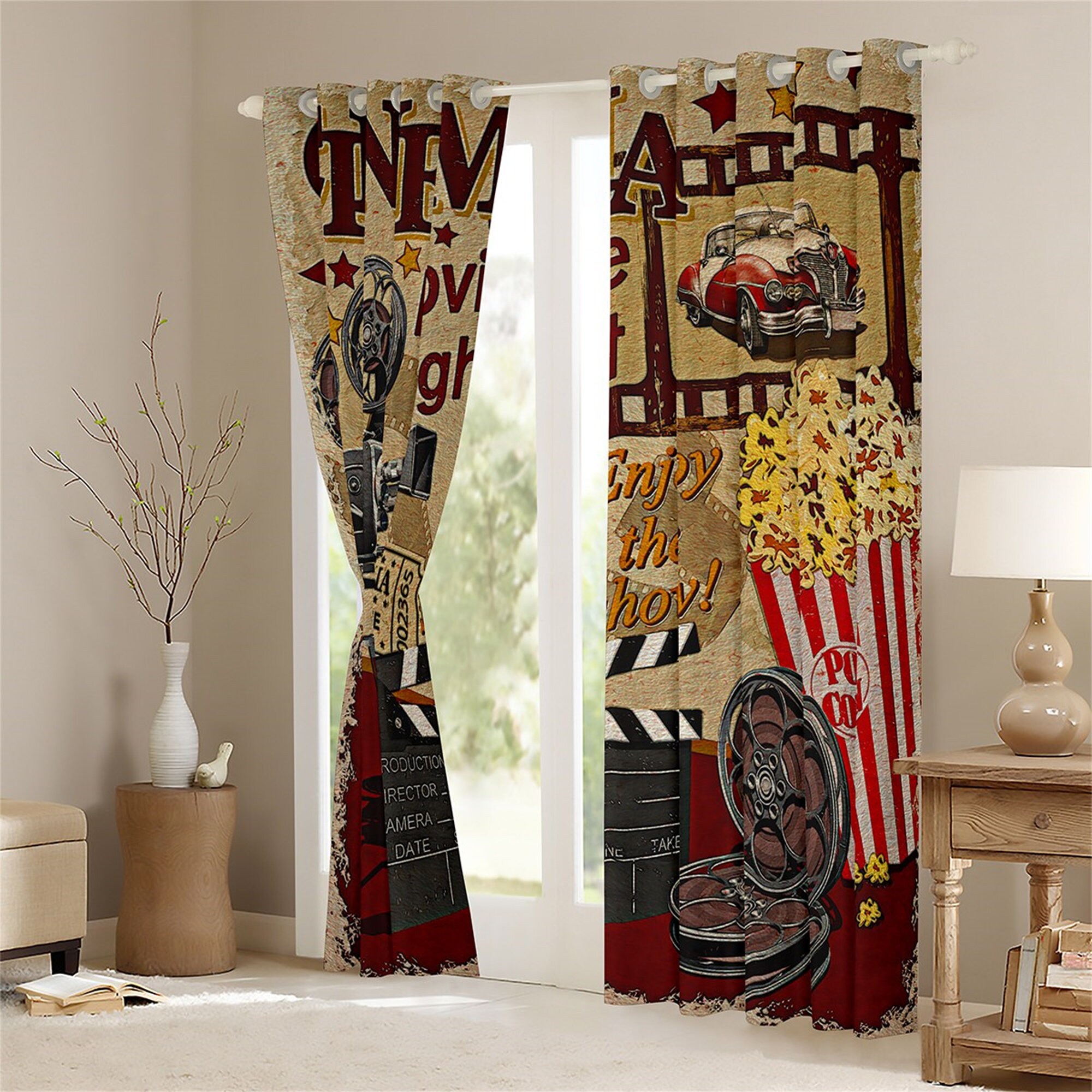 Cinema Movie Night Window Curtain Set, Filmstrip Popcorn Camera Popcorn ...