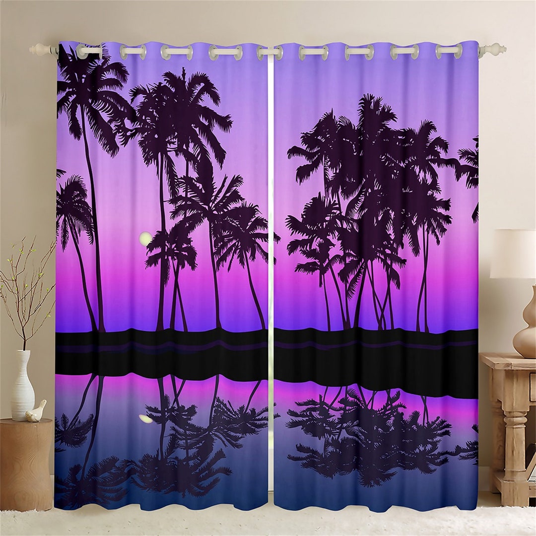 Palm Tree Window Curtain Set, Hawaiian Tropical Botanical Plant ...