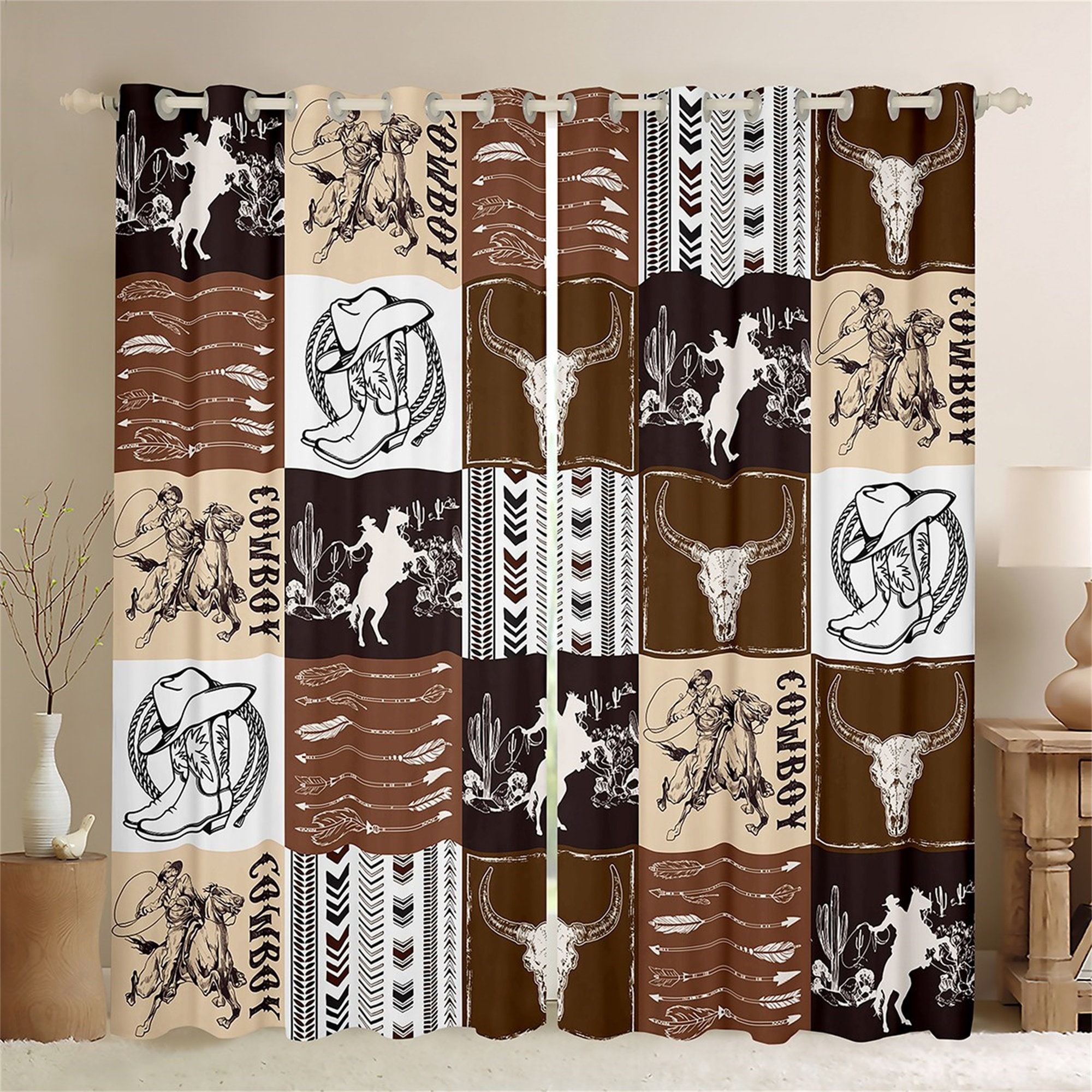 Western Cowboy Window Curtains, Animal Bull Skull Horse Arrow Print ...