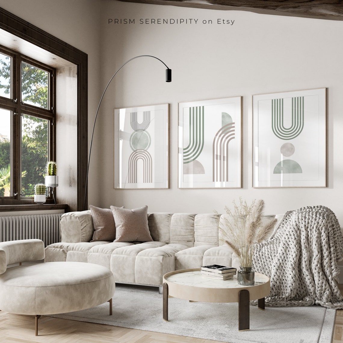 3 Piece Modern Sage Green and Beige Boho Geometric Print Set, Mid ...