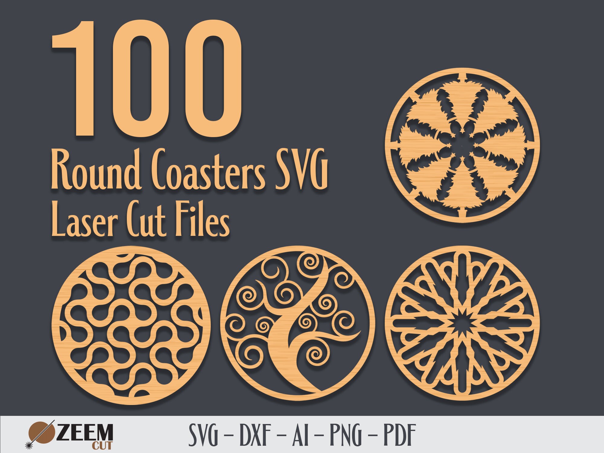 100 Round Coasters SVG Template Laser Cut Files for Glowforge, CNC ...
