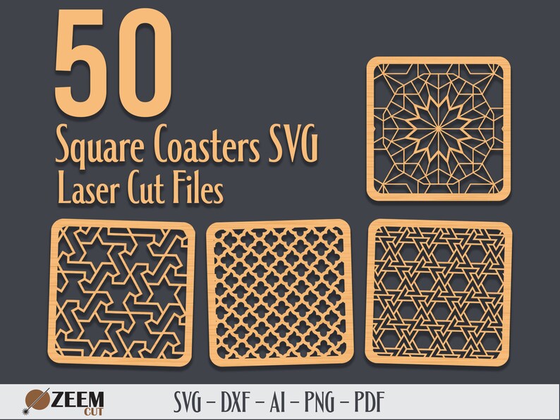 50 Square Coasters SVG Template Laser Cut Files for Glowforge, CNC ...