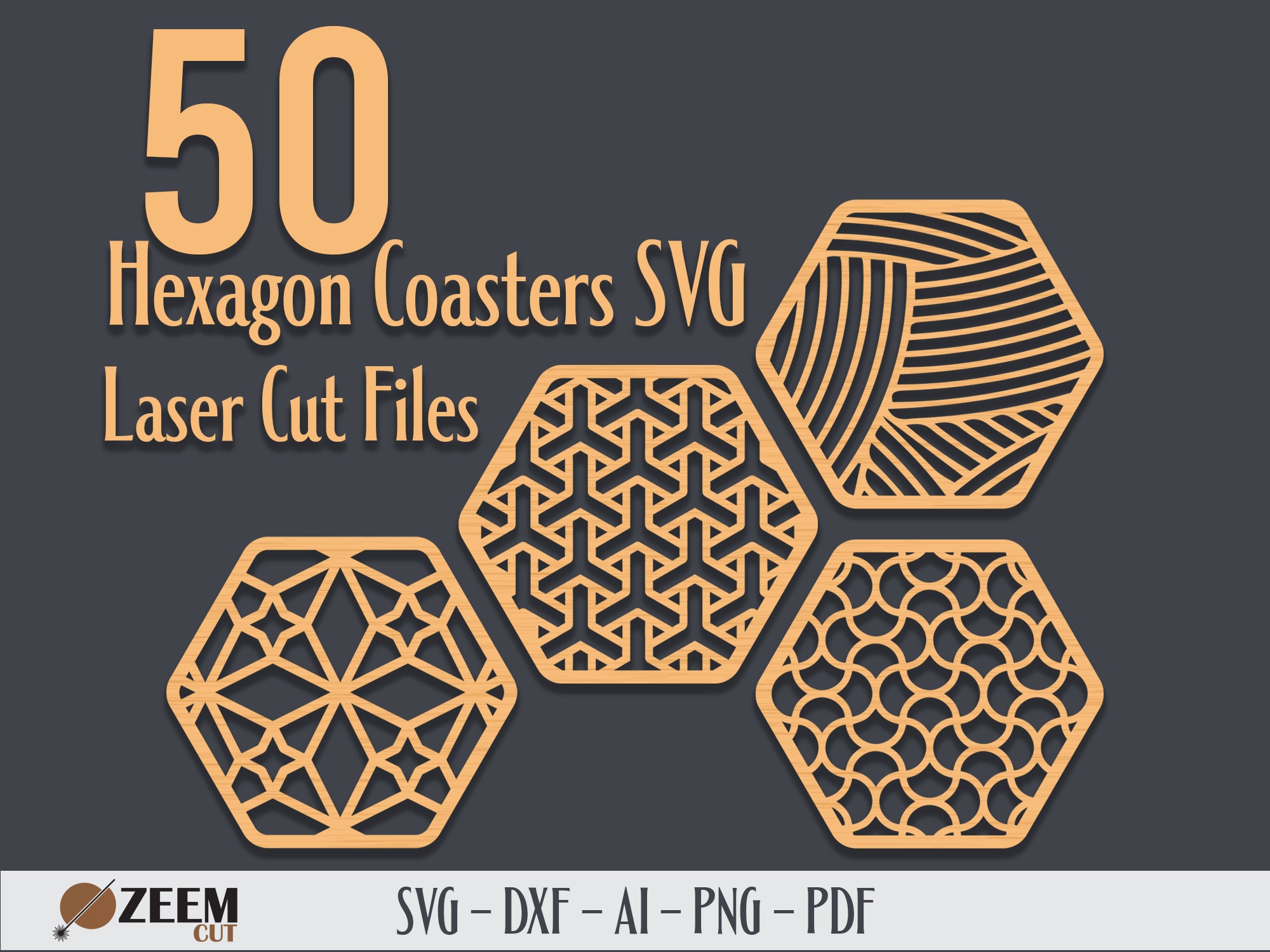 50 Hexagon Coasters SVG Template Laser Cut Files for Glowforge, CNC Routing and Other Laser ...