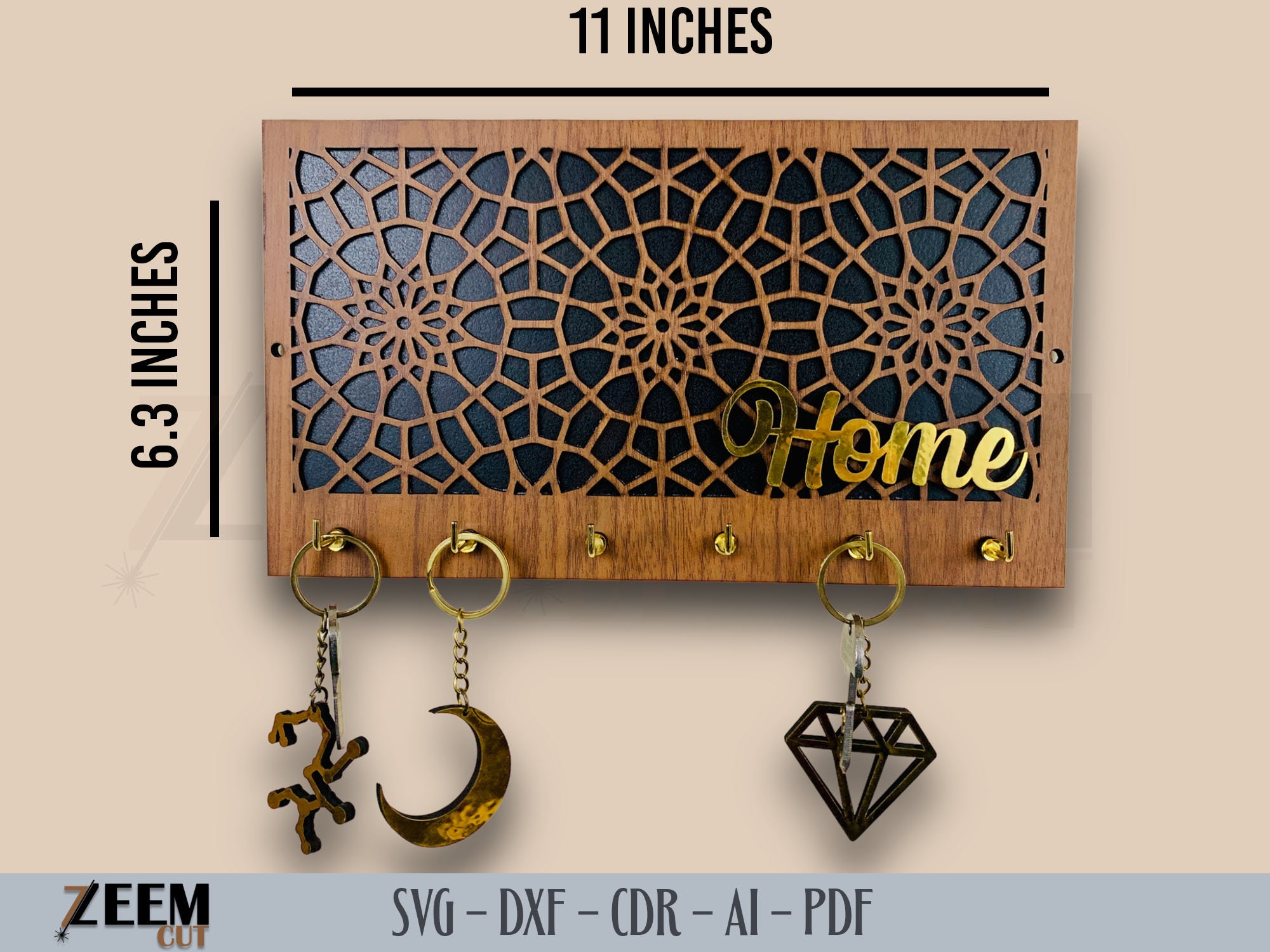 Set of 4 Personalized Wall Mounted Wooden Key Holder SVG Laser Cut ...