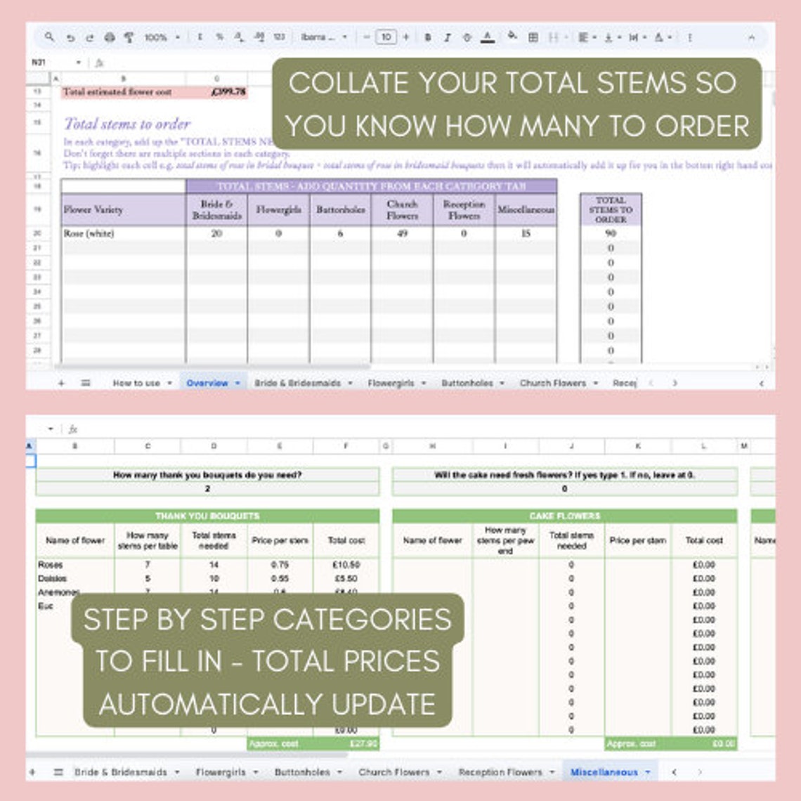 Wedding Flowers Planner Spreadsheet for DIY Brides - Automatic Budget ...