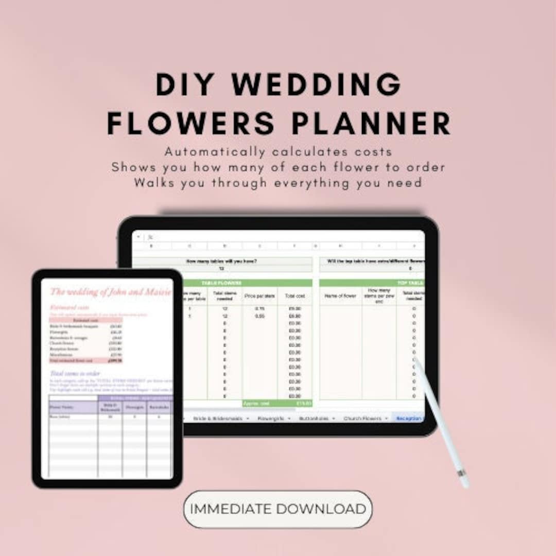 Wedding Flowers Planner Spreadsheet for DIY Brides - Automatic Budget ...