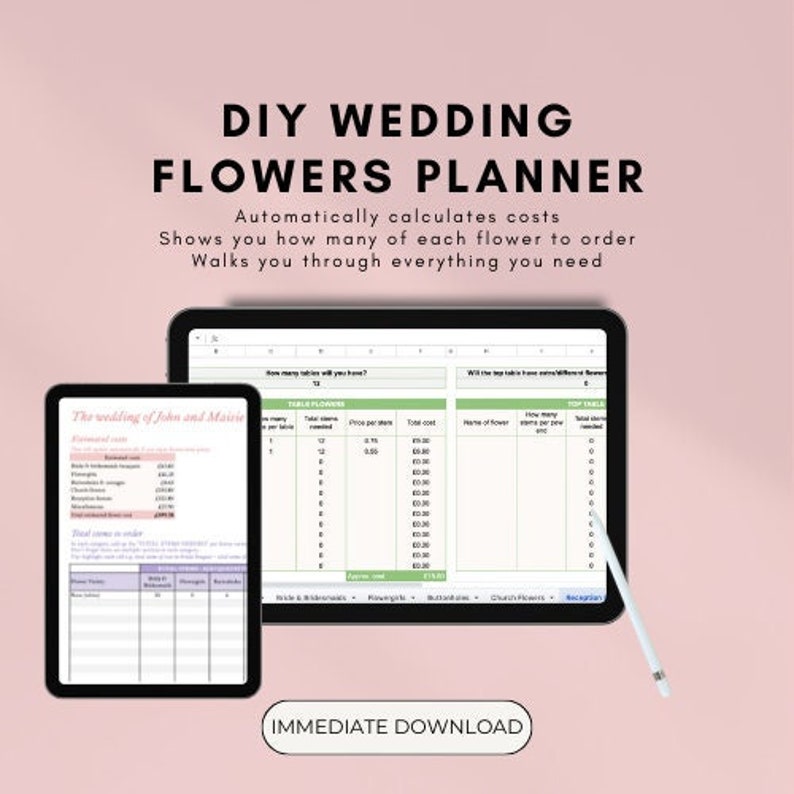 Wedding Flowers Planner Spreadsheet for DIY Brides - Automatic Budget ...